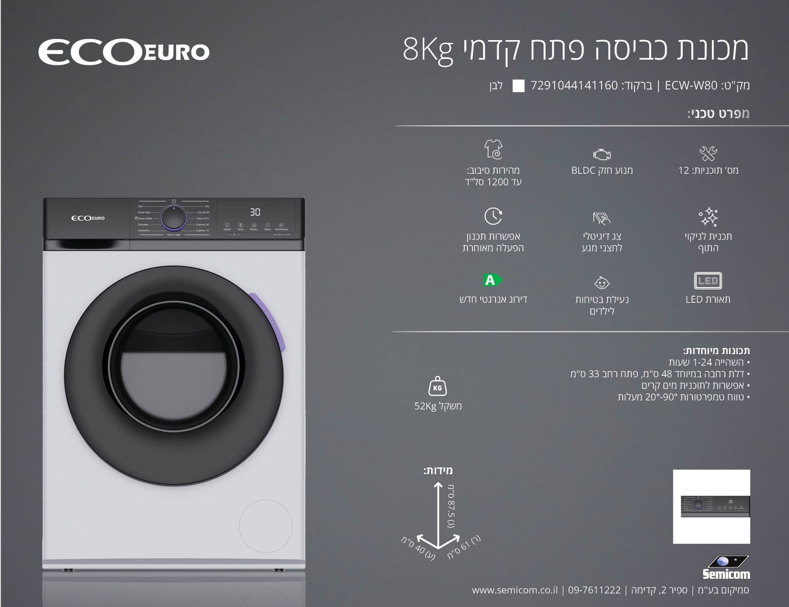 המרכז לעודפי חשמל רשת חנויות חשמל | מכונת כביסה פתח חזית 8 ק''ג Ecoeuro ...